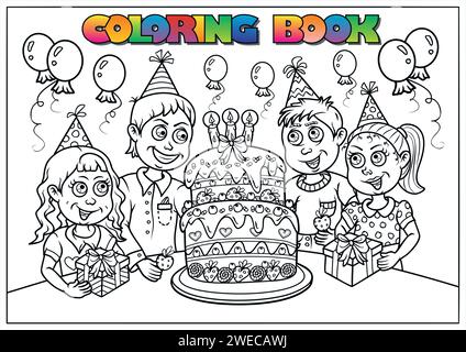Children's coloring cute birthday cake with candles fun dancing ...