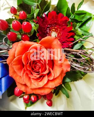 Colorful bouquet with roses, gerberas and St. John's wort Stock Photo ...