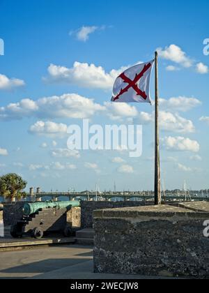 Spanish colonial Cross of Burgundy flag over row of canon on coquina ...
