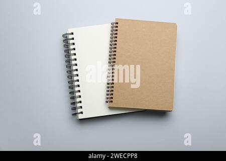 Notebooks on light grey background, top view. Space for text Stock ...