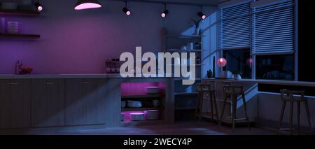 A modern spacious dark kitchen at night with a dining table and an ...