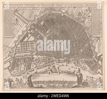 Map of Amsterdam with Cityscape, Anonymous, After Cornelis Anthonisz., 1611 - 1614 print Map in ...