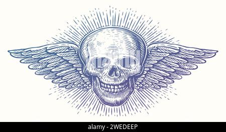 Human skull with wings. Hand drawn winged skeleton head. Sketch vintage ...