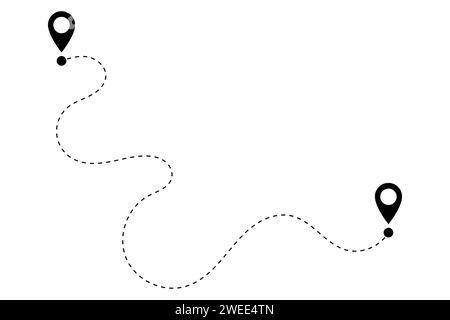 Route location icon, two pin signs and dotted road line, path start and ...
