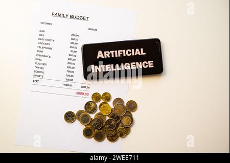 Family budget sheet, coins and artificial intelligence device. Use of ...
