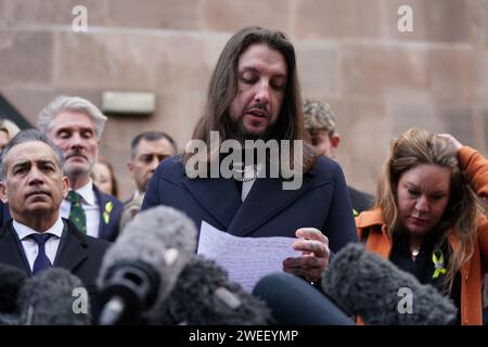 Ian Coates son, James, making a statement alongside relatives of the ...