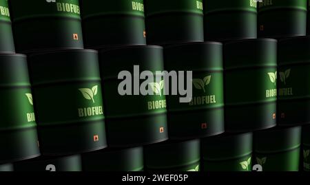 Biofuel crude brent petroleum fuel barrels in row concept. Sustainable ...