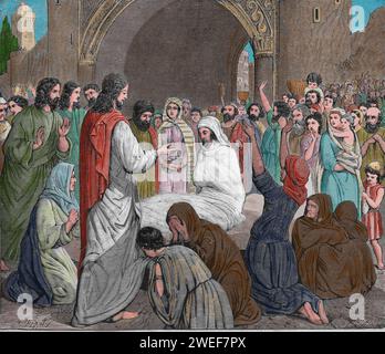 Christ raises the widow's son. New Testament. Luke 7:14. Engraving ...