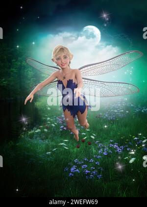 Beautiful enchanting flying fairy girl in a magical deep forest in a ...