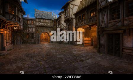 Cobbled street in a medieval fantasy town in evening light. 3D ...