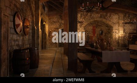 Medieval Viking dining hall interior with a boar roasting over an open ...