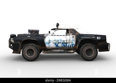 Fantasy post apocalyptic police car with spotlights and guns. 3D ...