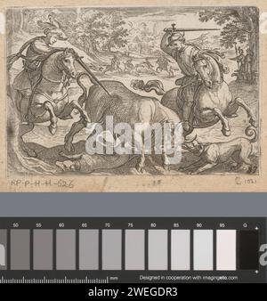Wild bull hunt, Antonio Tempesta, 1598 print Landscape with hunters ...