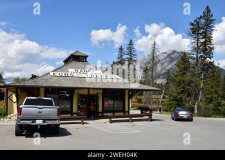Sign on roof of the Banff Trading Post offering handicrafts from first ...