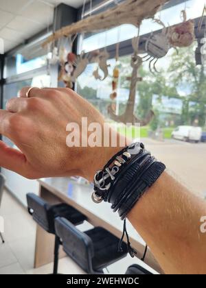 Round beaded bracelet made of natural black opal stone Stock Photo - Alamy