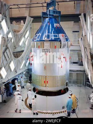 Apollo 7 Command/Service Modules being moved into position for mating ...