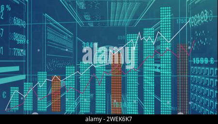 Image of graph processing data over caucasian woman bench pressing ...