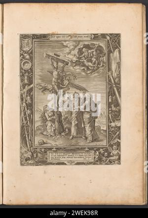 Kruisiging, anonymous, after Lambert Lombard, 1563 print Christ hangs on the cross. An angel ...
