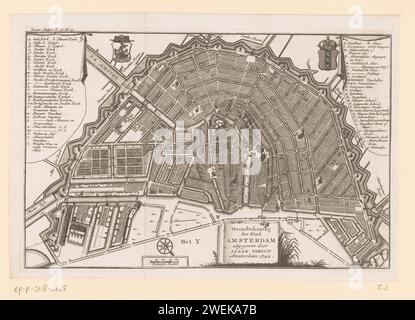 Map of Amsterdam, 1742, Anonymous, 1742 print paper etching maps of cities. city-walls Amsterdam ...