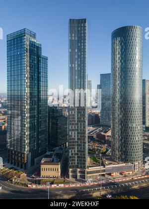 Aerial photograph of Deansgate Square residential towers, Castle Wharf ...