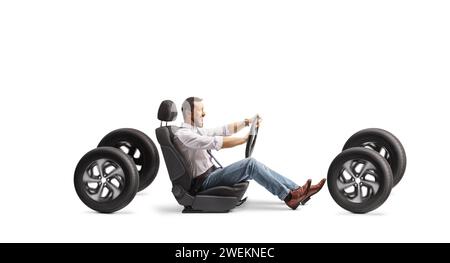 Angry driver honking in a car seat and four tires isolated on white ...