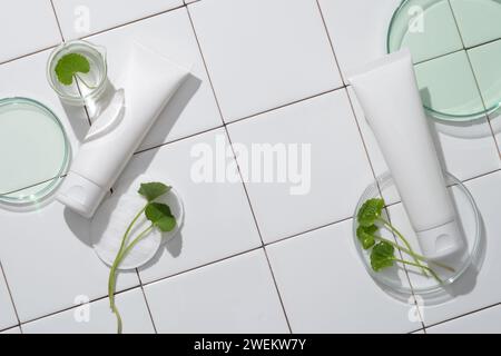 An unbranded plastic tube decorated with gotu kola leaves and petri ...