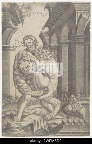 Hercules and the Nemean Lion, 1528 print Hercules stands between the ...