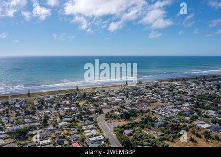 An aerial view of Otaki Beach, a charming seaside town located in New ...