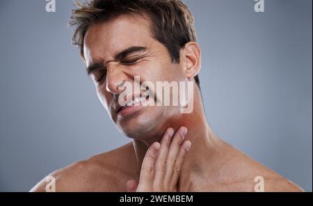 Man, shave and rash pain from razor burn for hair removal for hygiene ...