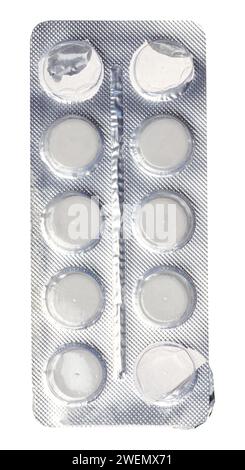 Round white tablets in blister pack on isolated background, top view ...