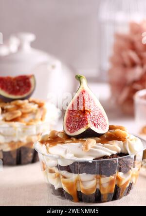 dessert trifle with caramel syrup and figs Stock Photo - Alamy