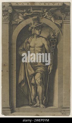 Mercurius, 1592 print Mercury, standing in a niche, a caduceus in his ...