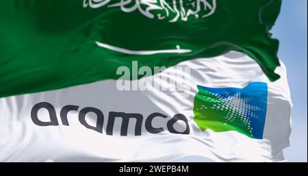 Dhahran, SA, Jan 10 2024: Flag of Aramco oil company waving in the wind ...