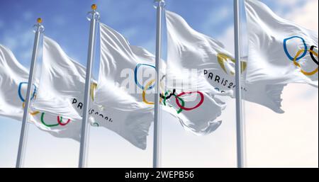 Paris, FR, Oct. 12 2023: Paris 2024 and the Olympics Games flags waving ...