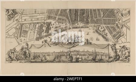 Map of Amsterdam with cityscape (lower part), Amsteldam (title on object), Lower part of a map ...