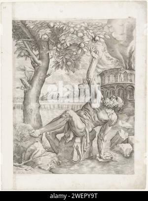 Tantalus. Tantalus, sitting on a rock in the water, with one hand ...