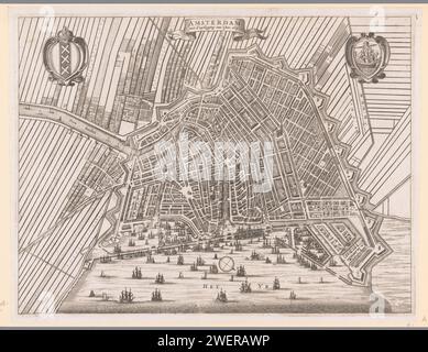 Coat of arms of Amsterdam, Anonymous, 1693 print Crowned shield with three Andreas crosses, held ...