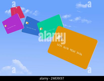 Credit cards are seen in a graphic illustration that is colorful. It is ...