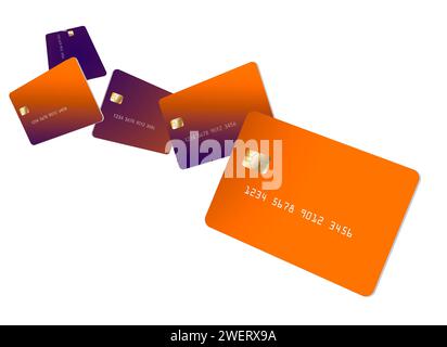 Credit cards are seen in a graphic illustration that is colorful. It is ...