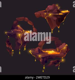 Floating islands of rocky land with hot orange lava liquid with ...