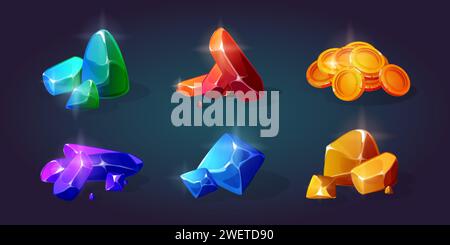 Mining game gemstones and money set isolated on background. Vector ...