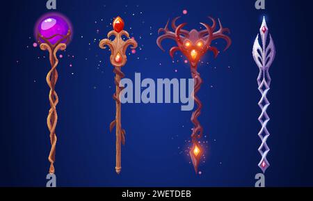 Fantasy scepter made of wood with magic ball, animal skull and glowing ...