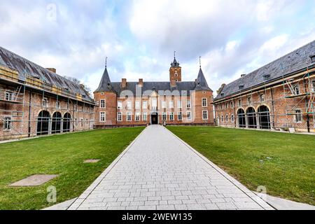Rear facade of Alden Biesen Castle, brick walls, gable roof tand wo ...