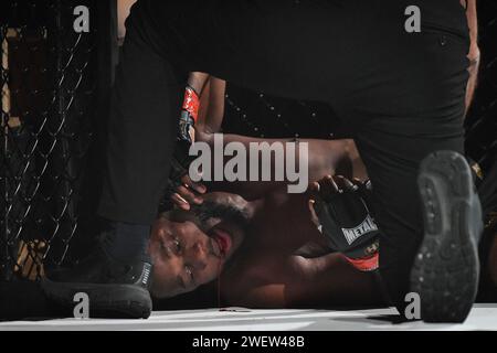 French boxer CHRISTOPHER ODENA lies on the ground during the HEXAGONE ...