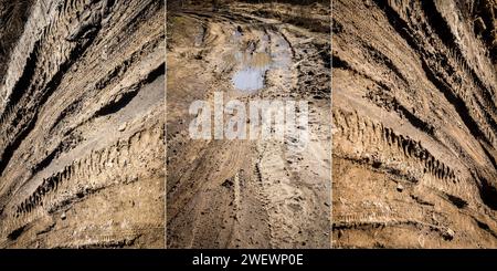 Collection of images with deep car rut on a dirt road. Empty ...