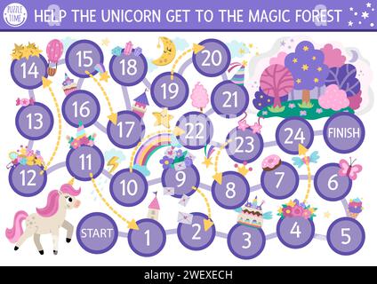 Unicorn dice board game for children shaped as rainbow. Fairytale ...