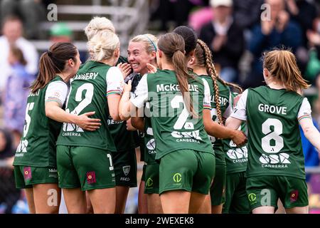 Canberra United players celebrate the goal of Toni Pressley during the ...
