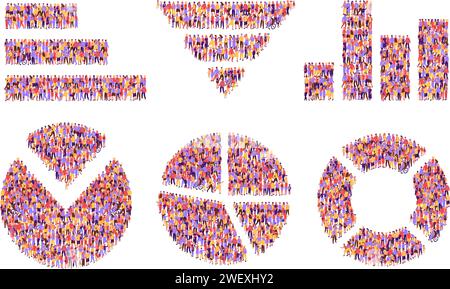 Isometric people chart. Bar and line graphs, pie charts for demographic ...