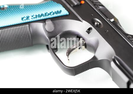 A CZ shadow 2 9 mm Luger sports pistol trigger, Automatic steel pistol ...