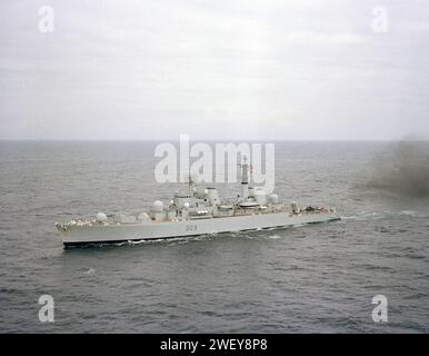 A port bow view of the British destroyer HMS LIVERPOOL (D 92) underway ...